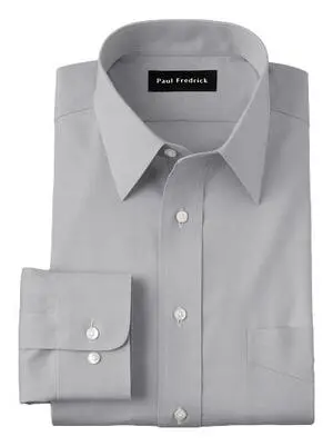 PAUL FREDRICK Tailored Fit Non-iron Cotton Pinpoint Solid Point Collar Dress Shirt - Grey