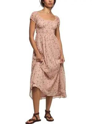 Lucky Brand Smocked Floral Print Midi Dress - Blush Floral