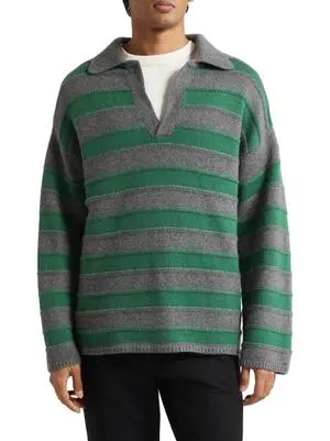 THE ELDER STATESMAN Dume Stripe Cashmere Rugby Sweater - Fern/granite
