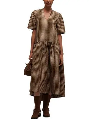 GANNI Crinkled Check Long Dress - Tobacco Brown