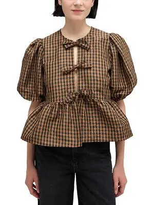 GANNI Checkered Taffeta Top - Tobacco Brown
