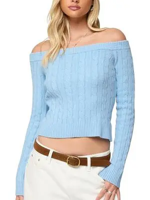EDIKTED Off-shoulder Cable Knit Sweater - Light Blue