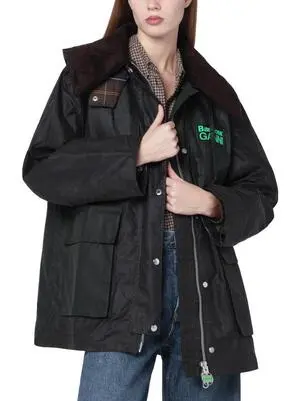 BARBOUR X GANNI Waxed Cotton Duffle Coat With Tartan Pattern - Green