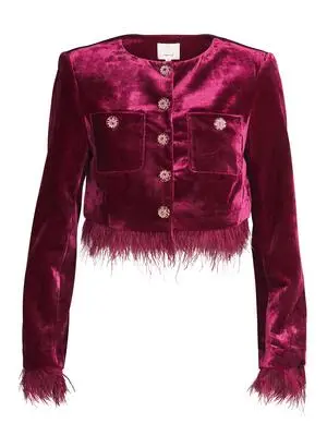 Cinq À Sept Velvet Feather-trimmed Evelina Jacket - Red
