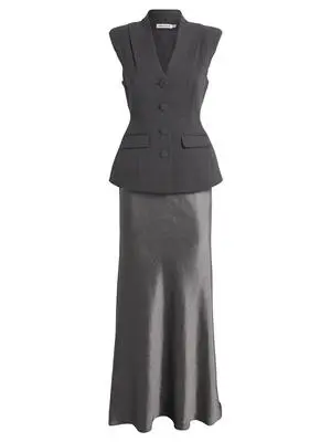 SELF-PORTRAIT Satin Tailored Maxi Dress - Grey