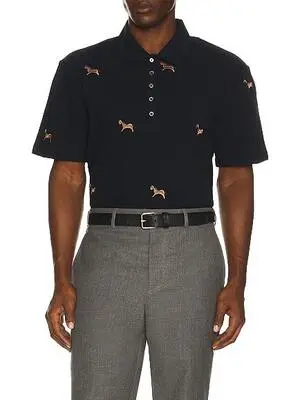 Thom Browne Short Sleeve Pique Polo With Horse Embroidery - Navy