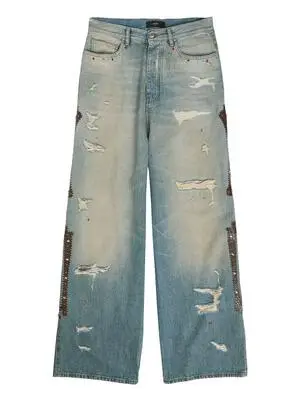 Amiri Bones Studded Distressed Relaxed Jeans - Blue