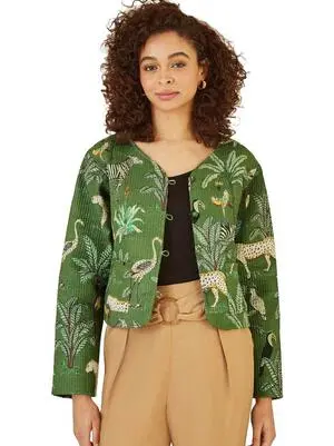 YUMI Animal Print Reversible Cropped Quilted Jacket - Green