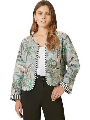 YUMI Animal Print Reversible Quilted Cropped Jacket - Grey