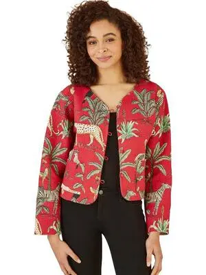 YUMI Animal Print Reversible Cropped Quilted Jacket - Red