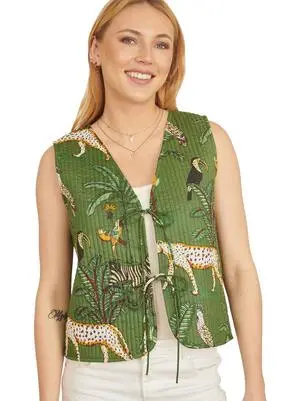 YUMI Animal Reversible Cotton Quilted Jacket Green