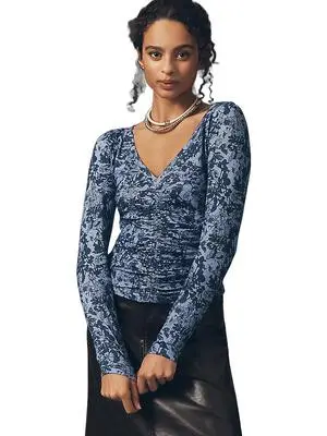 PILCRO Long-sleeve Cinched V-neck Top - Blue Floral