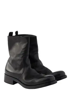Prada Leather Zip Up Boots - Black