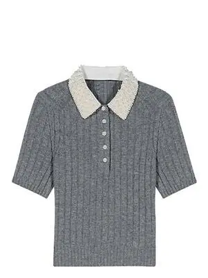 Maje Beaded Collar Wool-blend Jumper - Grey
