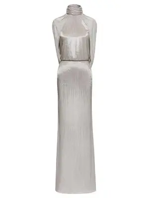 Oscar De La Renta Bugle Bead Lamé Draped Gown - Grey