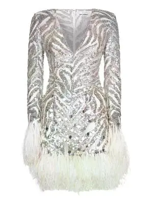 ALINA Sequin And Feather Embroidered Dress - White