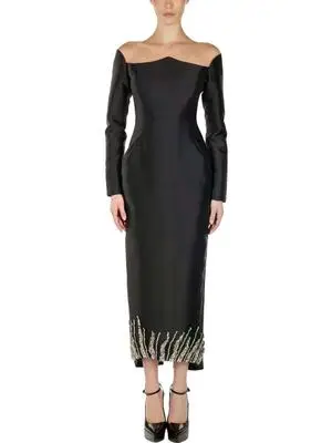 ARAFTU Off-shoulder Embellished Midi Dress - Black