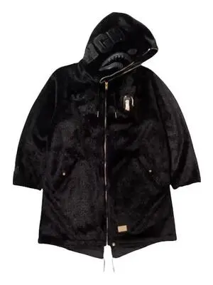 A BATHING APE Leather Shark Fur Long Jacket - Black