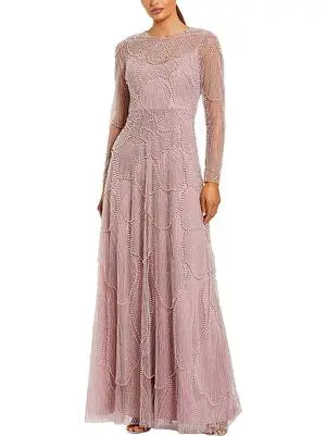 Mac Duggal Beaded Mesh High Neck Long Sleeve A-line Gown - Mocha