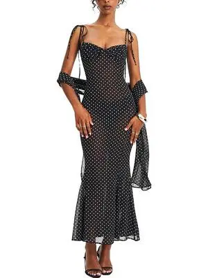 MISS CIRCLE NEW YORK Polka Dot Chiffon Maxi Dress With Scarf - Black