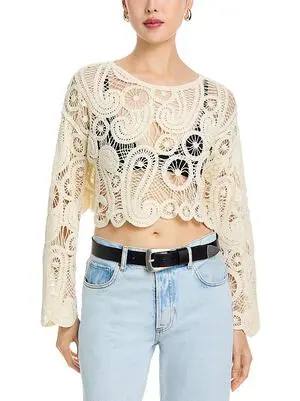 Aqua Paisley Crochet Long Sleeve Top - Ivory