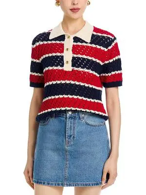 Aqua Rugby Striped Collared Short Sleeve Sweater - Red/navy