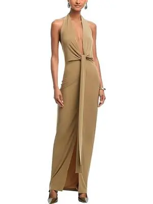 Norma Kamali Tie Front Halter Gown - Camel
