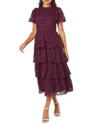 Coast Tiered Lace Flutter Sleeve Dress - Plum