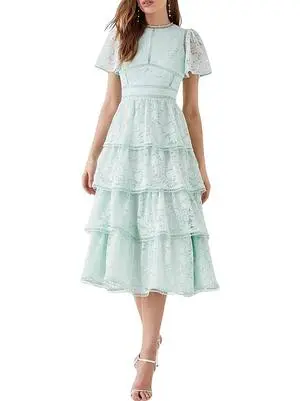 Coast Tiered Lace Flutter Sleeve Dress - Sage