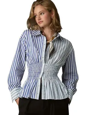Maeve Smocked Buttondown Shirt - Blue Stripe