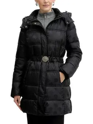 Guess Quilted Hooded Puffer Coat With Buckle - Black