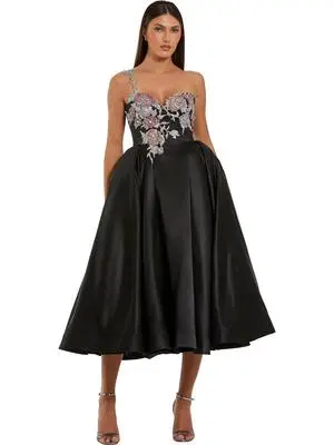 Mac Duggal One-shoulder Midi Dress With Floral Appliqués - Black Multi