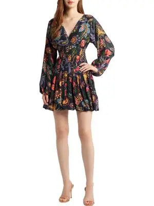 CIEBON Floral Long Sleeve Bubble Hem Mini Dress - Black Multi