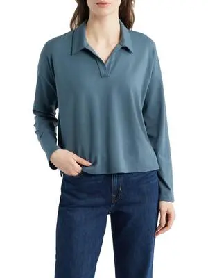 Eileen Fisher Boxy Henley Jersey Top - Eucalyptus