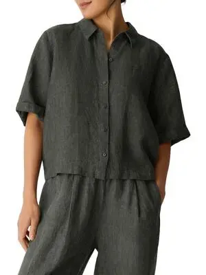 Eileen Fisher Linen Elbow Sleeve Button-up Shirt - Bay Leaf