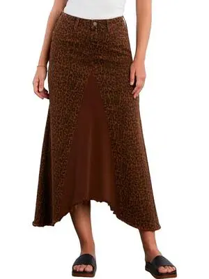 WASH LAB DENIM Leopard Print Pieced Denim Midi Skirt - Brown Leopard