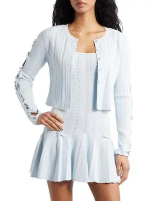 LoveShackFancy Zoriah Pointelle Tie Sleeve Cardigan - Icicle Blue