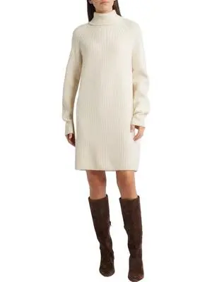 BOSS Foclore Long Sleeve Virgin Wool & Cashmere Turtleneck Sweater Dress - Soft Cream