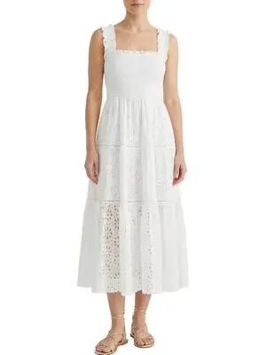 CHANGE OF SCENERY Kristen Smocked Embroidered Tiered Midi Dress