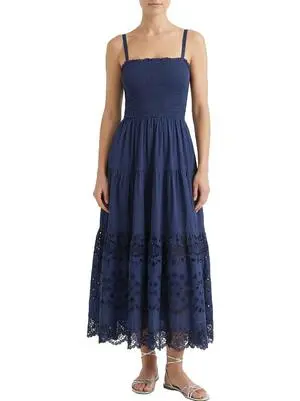CHANGE OF SCENERY Kristen Smocked Embroidered Tiered Midi Dress - Navy Calypso Eyelet