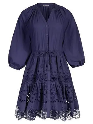 CHANGE OF SCENERY Balloon Sleeve Mini Shirtdress - Navy Calypso Eyelet