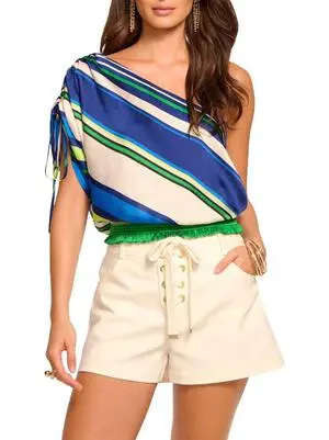 Ramy Brook Delara Stripe Satin One-shoulder Top - Ultramarine Stripe