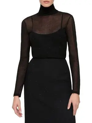 Lafayette 148 New York Sheer Embellished Turtleneck Sweater - Black