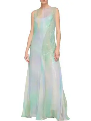 Lafayette 148 New York Crinkled Silk Crépon Gown With Sequin Slip - Aurora Green Multi