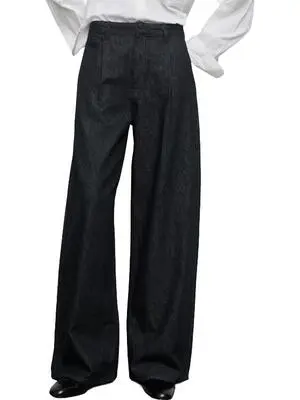 Mango Wide Leg Pleated Denim Trousers - Black