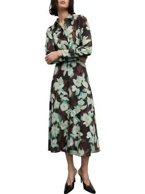 Mango Printed Belted Maxi Shirt Dress - Teal And Brown Blooms