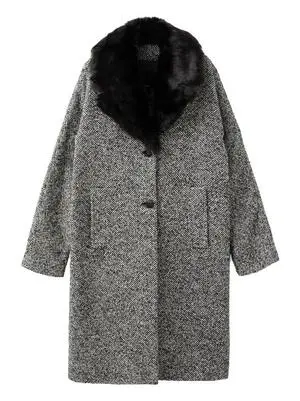Mango Mottled Coat With Faux Fur Collar - Grey Black