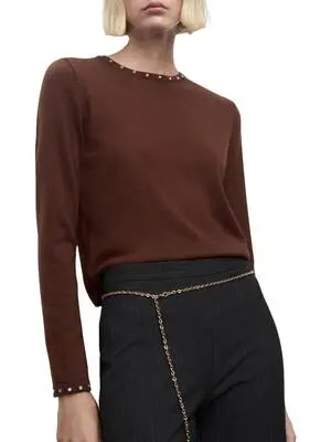 Mango Studded Knit Crewneck Sweater - Brown