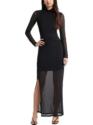 OPEN EDIT Long Sleeve Mesh Maxi Dress - Black