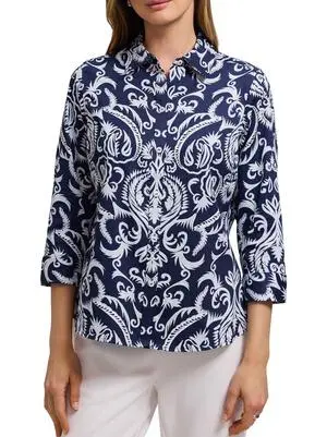 Foxcroft Hampton Damask Shirt - Navy Blue/white